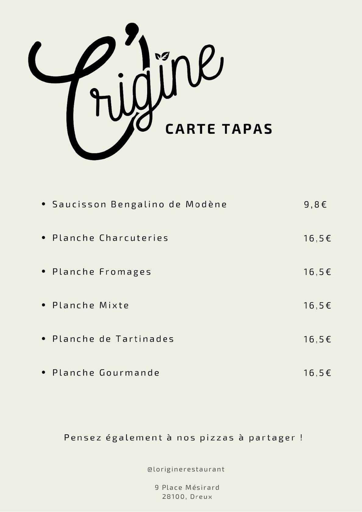 Menu au L'Origine restaurant, Dreux
