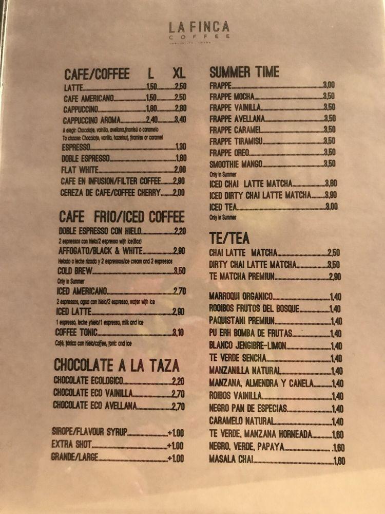 Carta del café La Finca coffee, Granada, Colegio Catalino