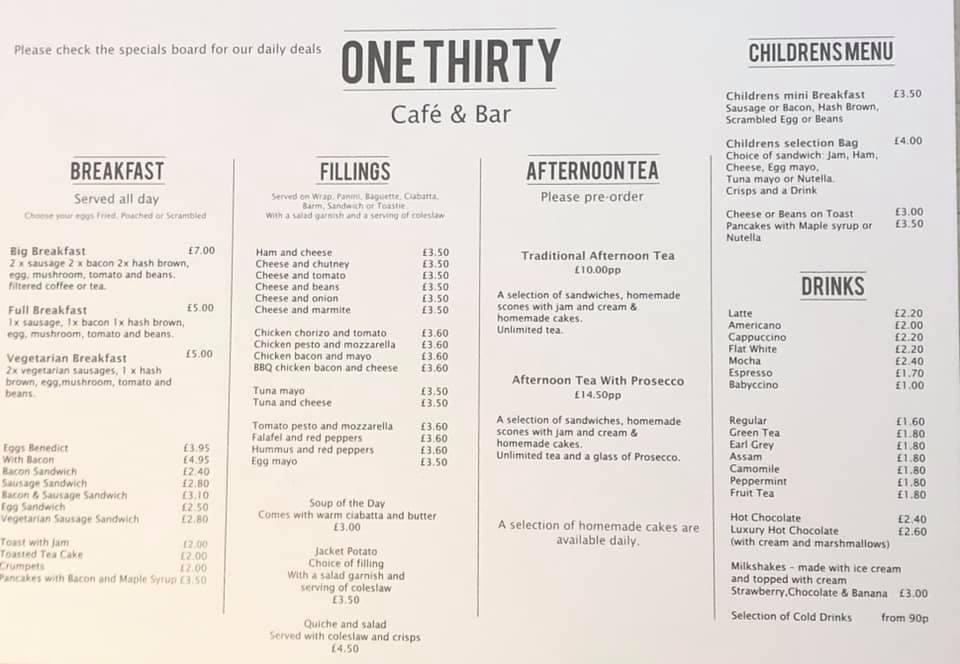 Menu at One Thirty cafe, Cheadle