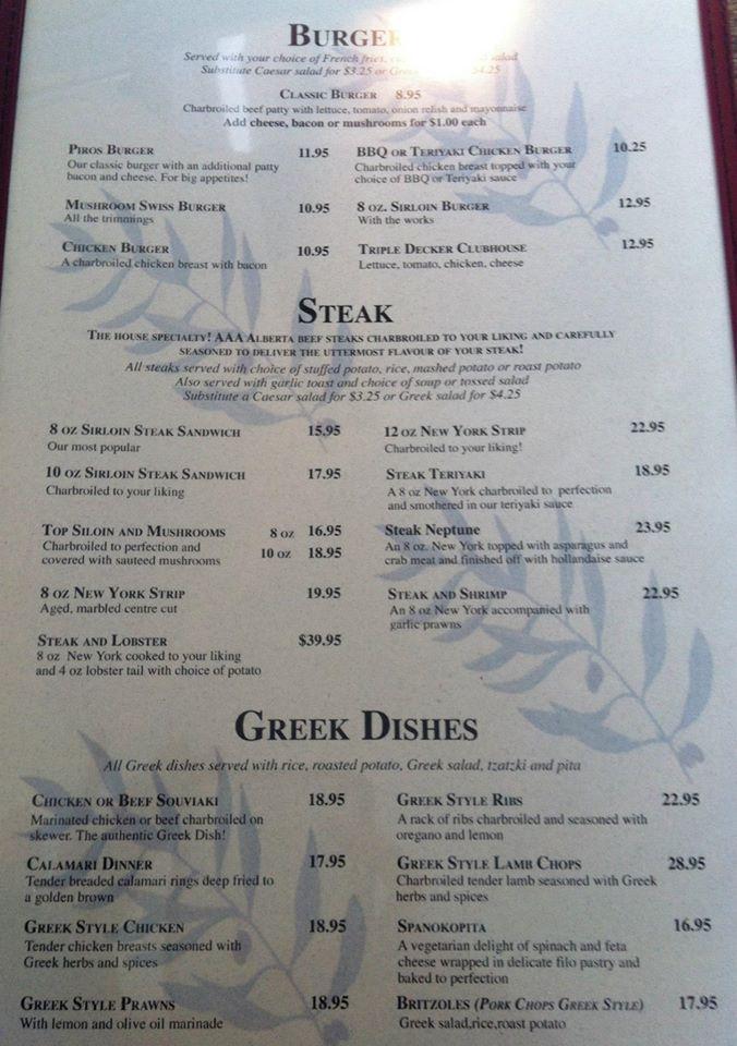 Menu at Piros Family Restaurant, Sundre