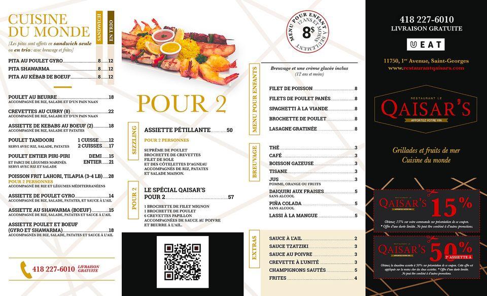 Menu au Restaurant Qaisar's, Saint-Georges