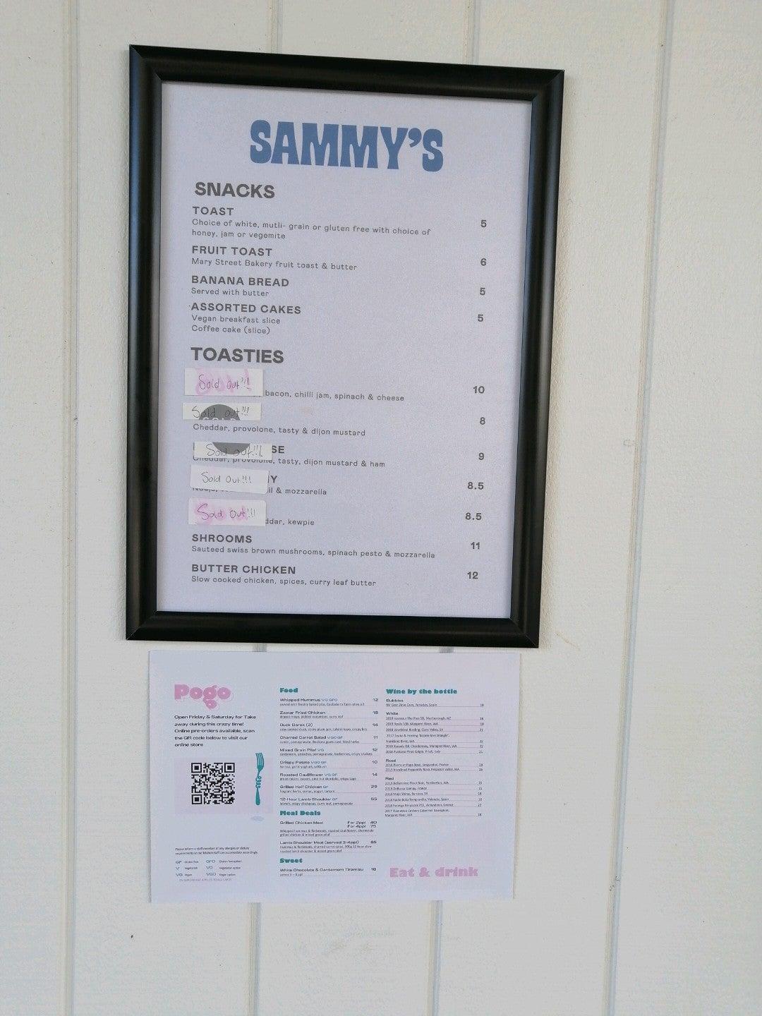 Menu at Sammy's cafe, Mount Hawthorn