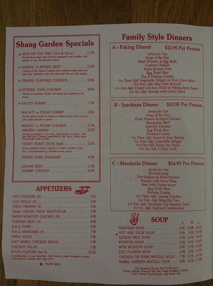Shang Garden Chinese Restaurant Menu
