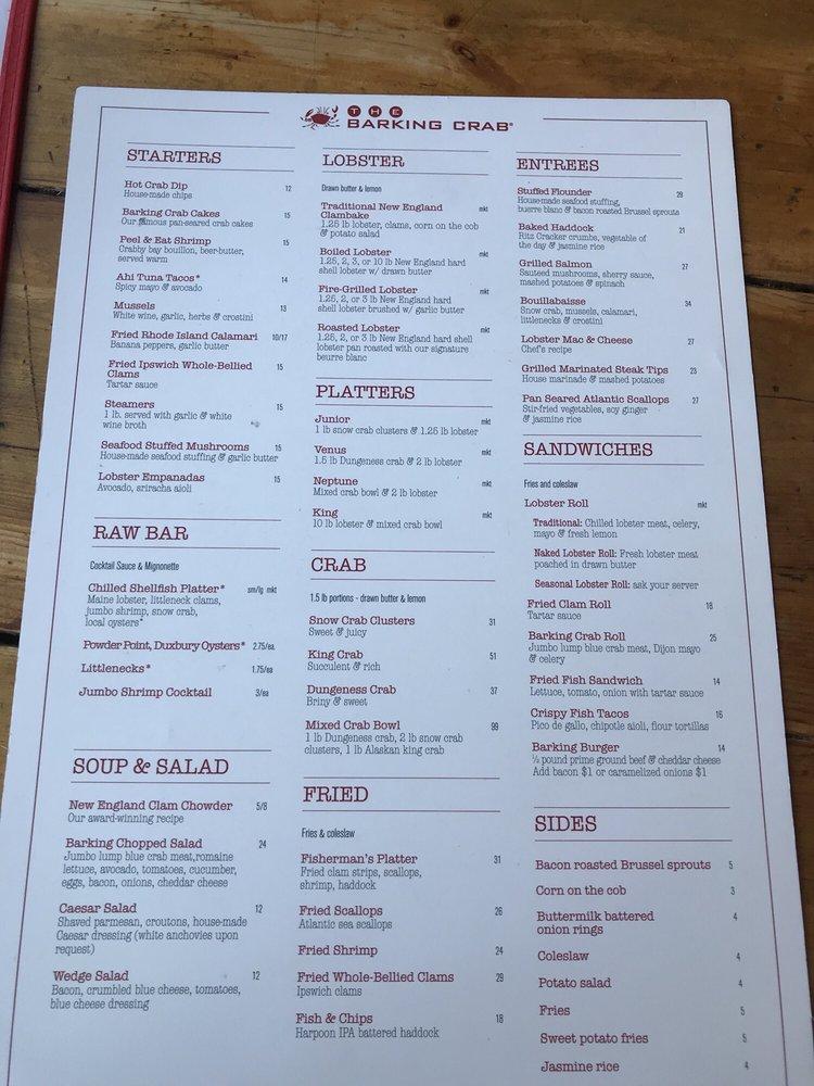 Menu at The Barking Crab, Boston