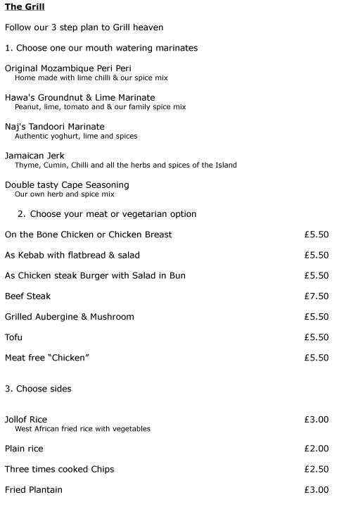Menu at Cape To Cairo restaurant, Shildon