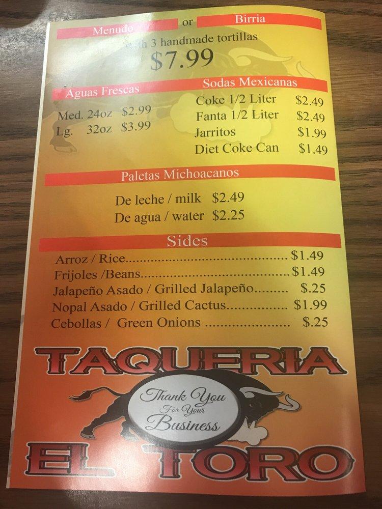 Menu at El Toro Taqueria restaurant, Hemet