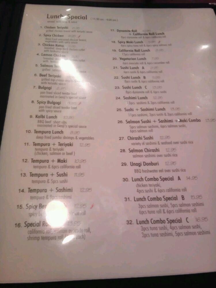 Menu at Genji Sushi restaurant, Toronto, Steeles Ave W