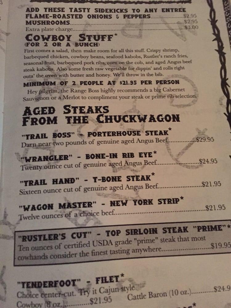 Menu at Rustler’s Rooste steakhouse, Phoenix