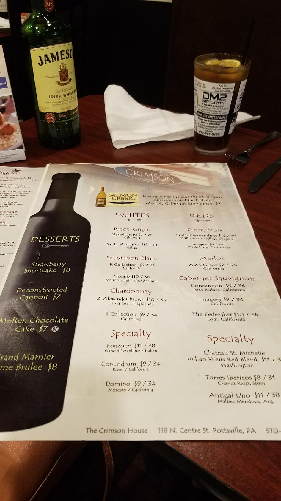 Menu at The Crimson House pub & bar, Pottsville