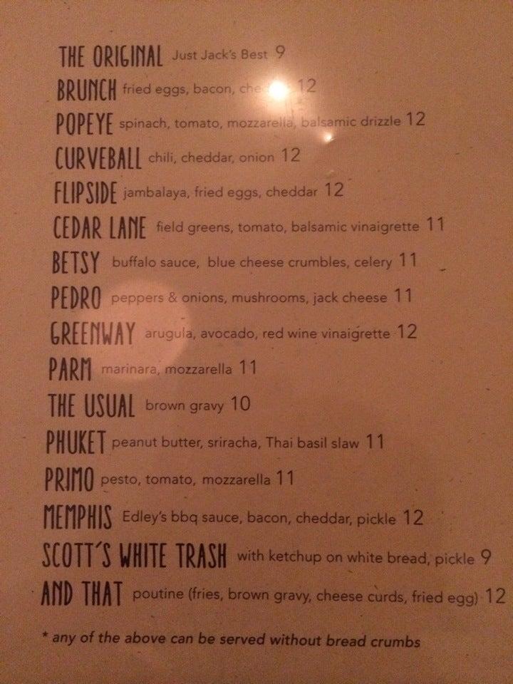 Menu at The Flipside restaurant, Nashville