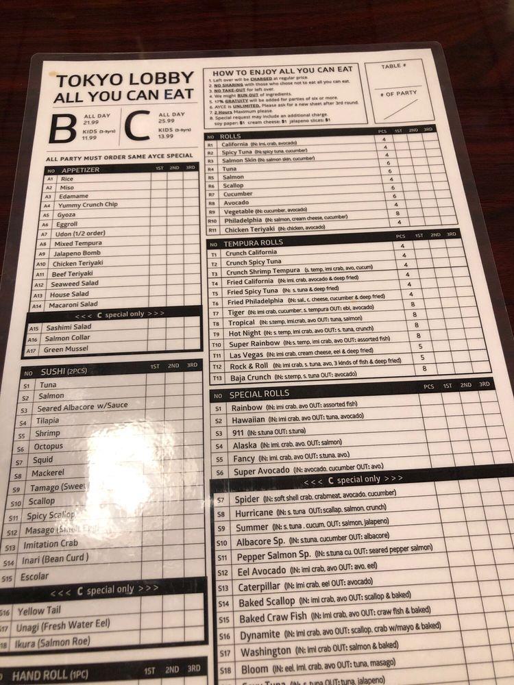 Menu at Tokyo Lobby Restaurant, Hacienda Heights