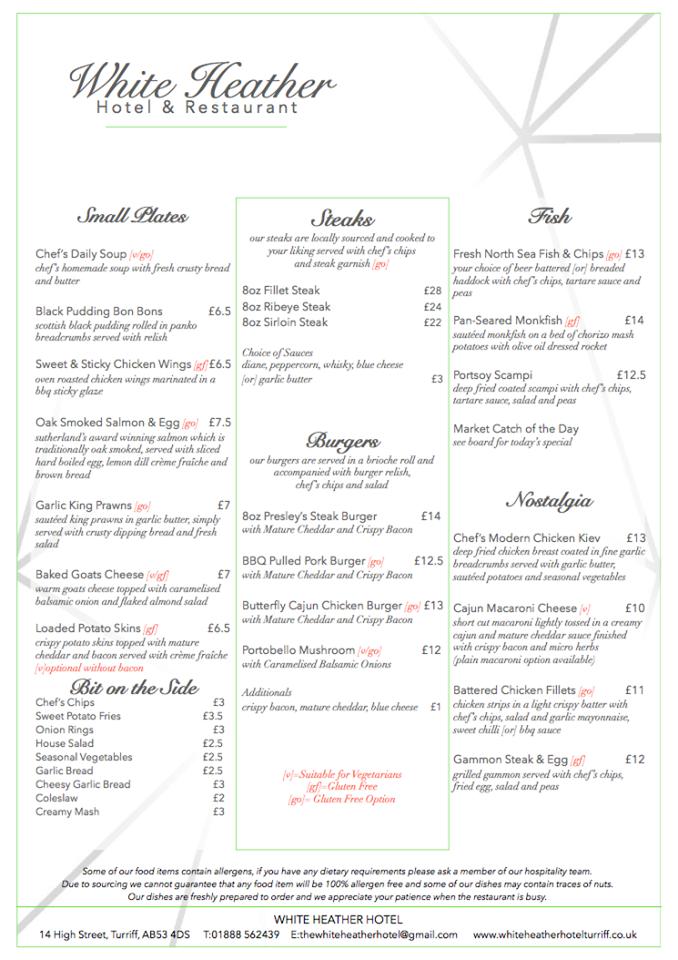 Menu at White Heather Hotel pub & bar, Turriff