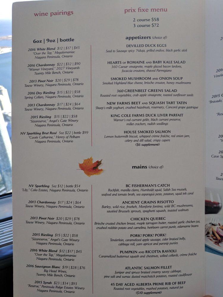 Menu at 360 The Restaurant at the CN Tower, Toronto