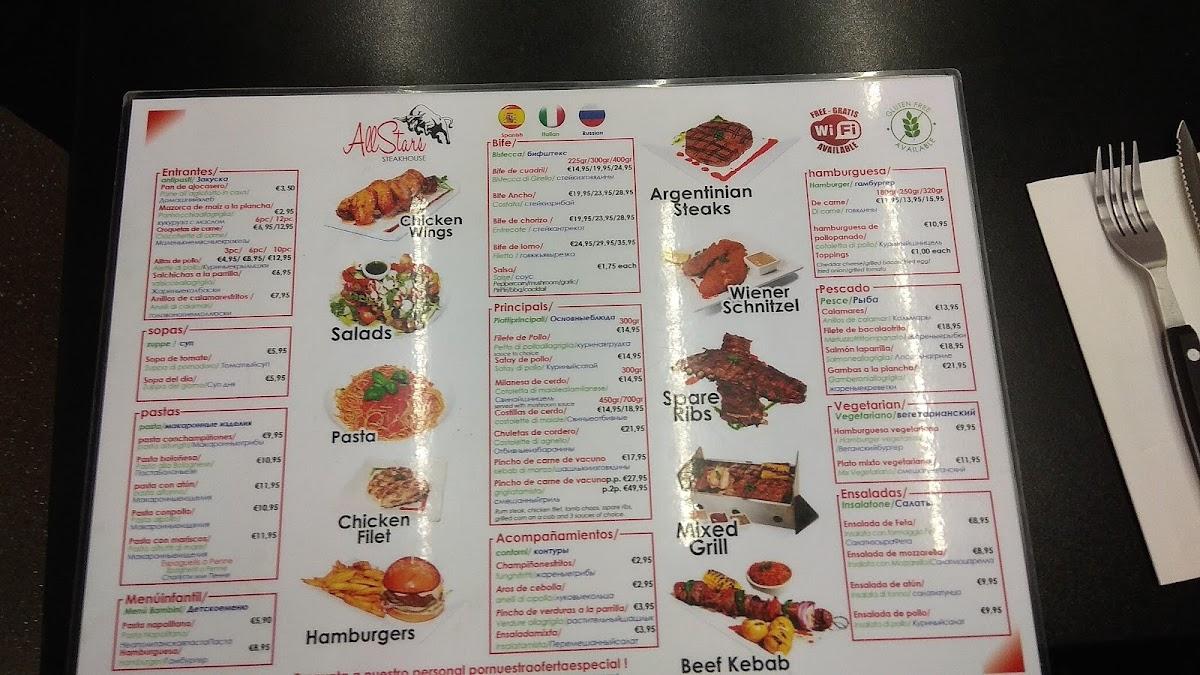 Menu at Allstars Steakhouse, Amsterdam