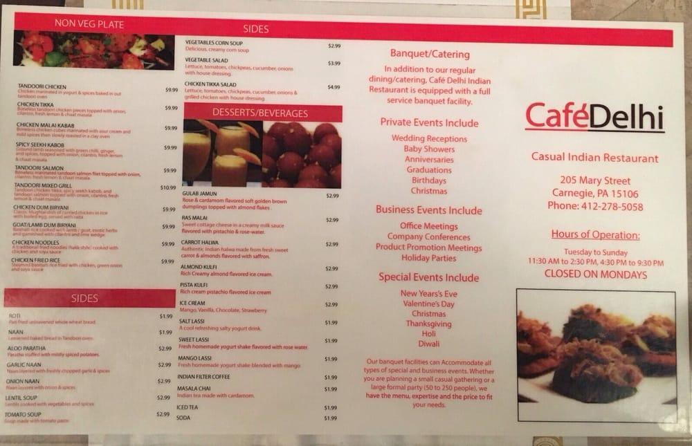 Menu at Cafe Delhi, Carnegie