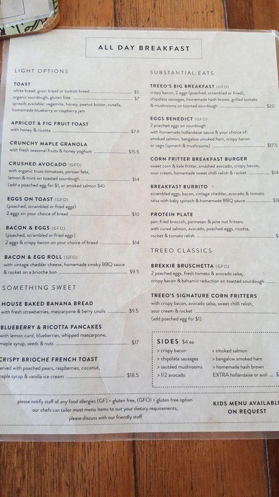 Menu at Cafe Treeo, Sawtell