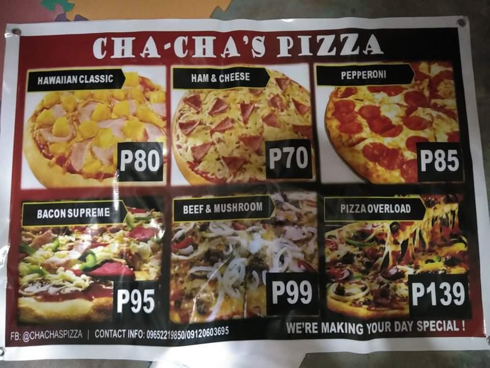 Menu at Cha cha's Pizza pizzeria, Calamba