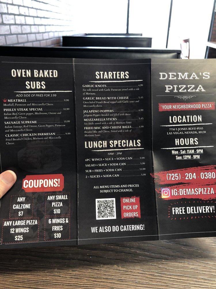 Menu at Dema's Pizza pizzeria, Las Vegas