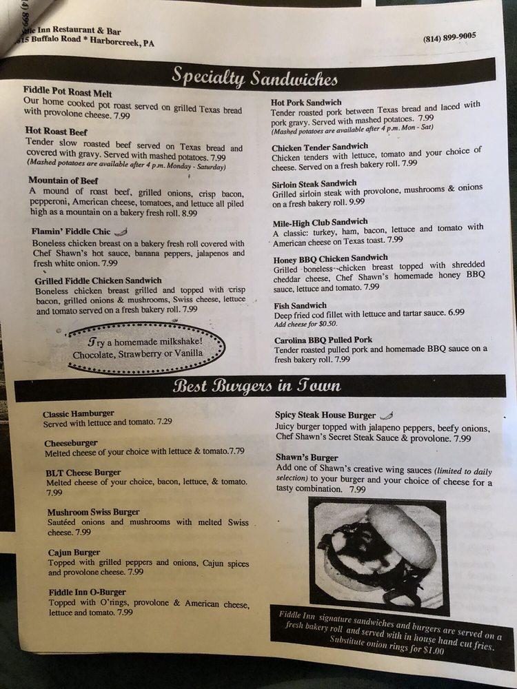 Menu at Fiddle Inn fast food, Northwest Harborcreek