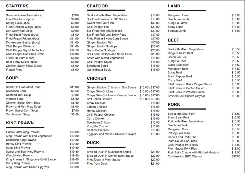 Carta de Golden Mongkok Chinese Restaurant, Balcatta