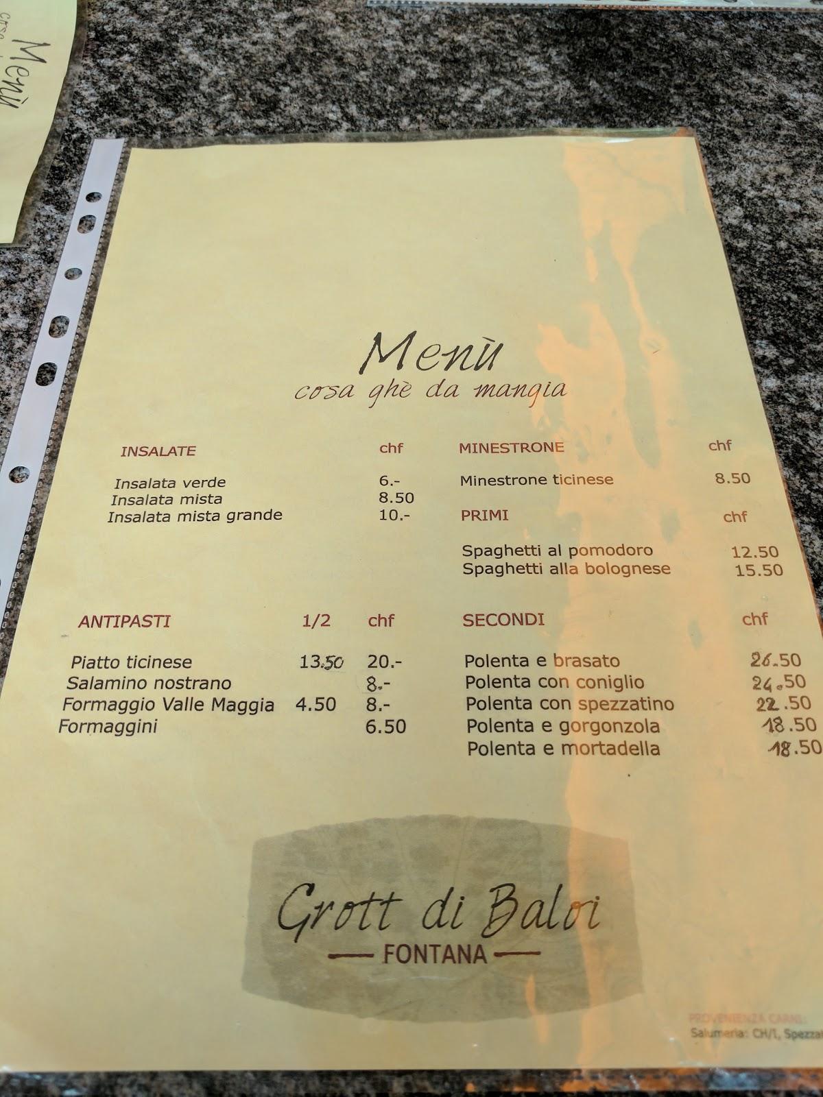 Menu au Grotto Balöi, Cevio