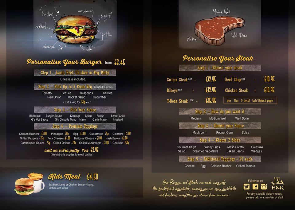 Menu at G's Gourmet Burgers steakhouse, Luton