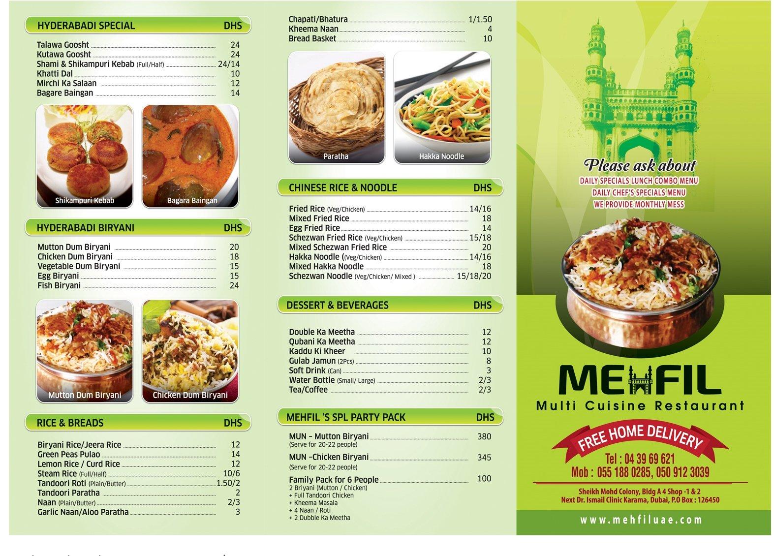 Menu at Mehfil – Multi Cuisine Restaurant, Dubai, 14 D St