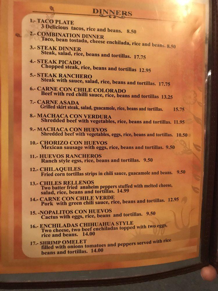 Menu at Sobe's restaurant, El Centro