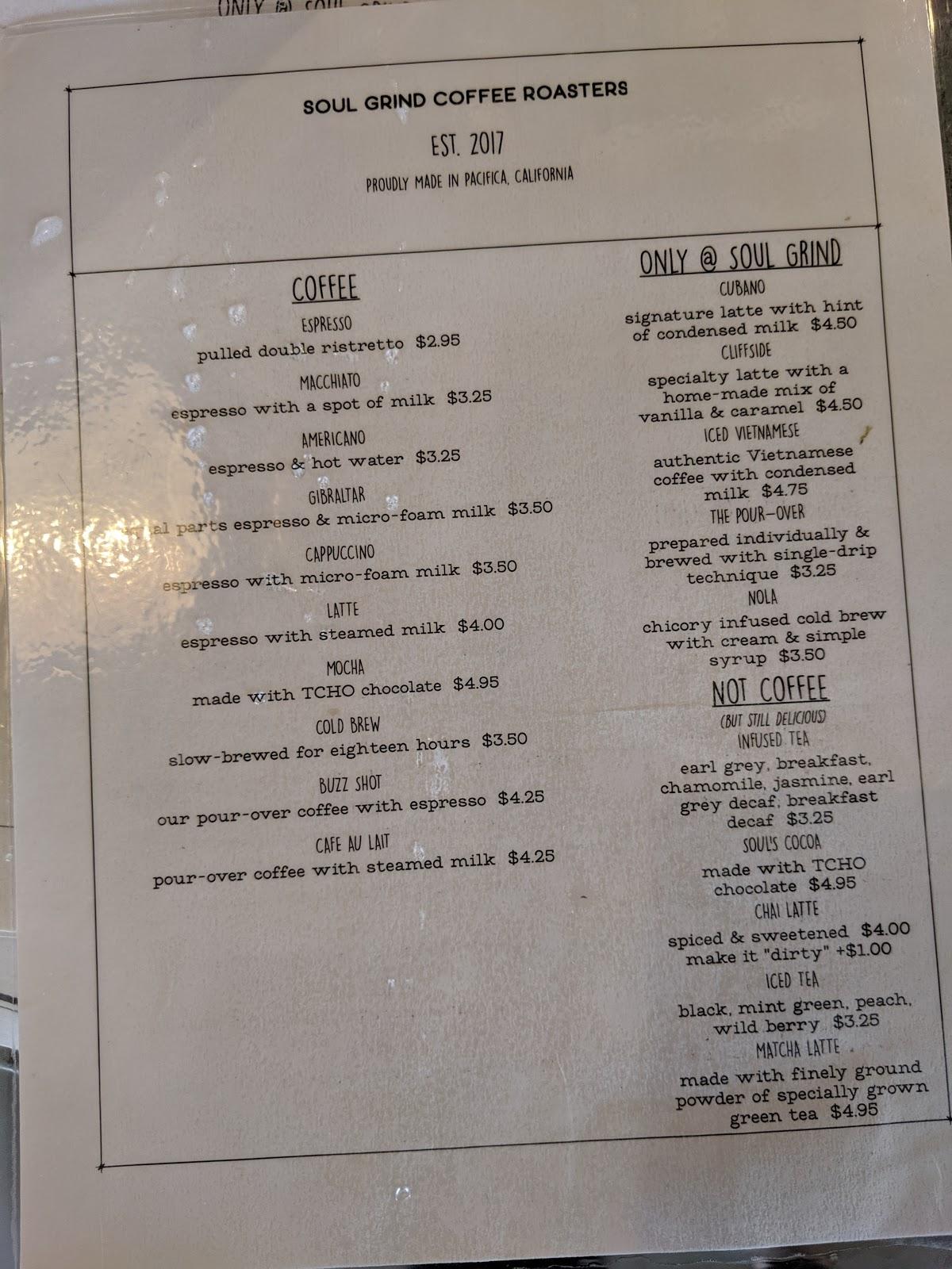 Carta del café Soul Grind Coffee Roasters, Pacifica