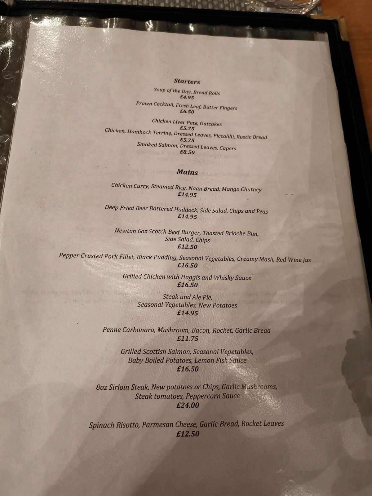 Menu at Chaplin’s Restaurant, Nairn