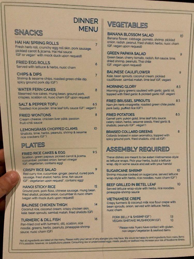Menu at Hai Hai restaurant, Minneapolis
