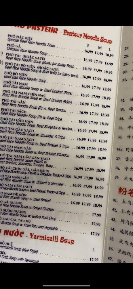 Menu at Pho Pasteur Restaurant, Toronto