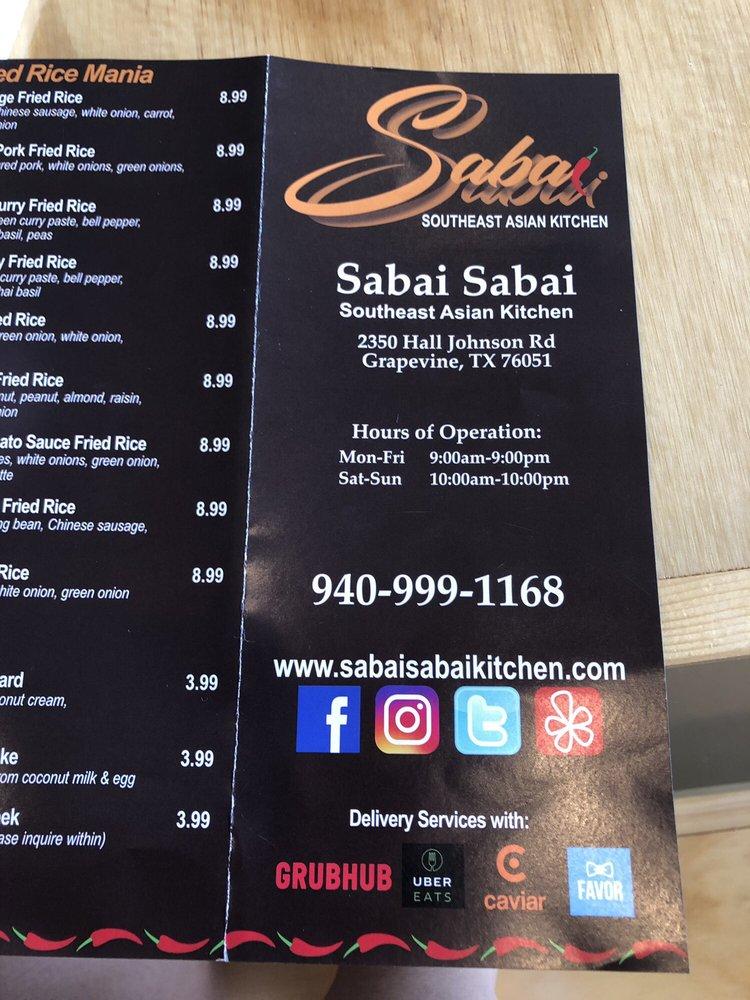 Menu at Sabai Thai Restaurant, Grapevine