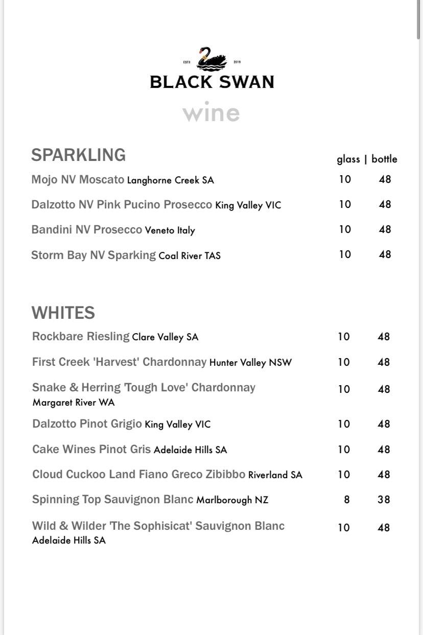 Menu at Black Swan Wine Bar, Caringbah