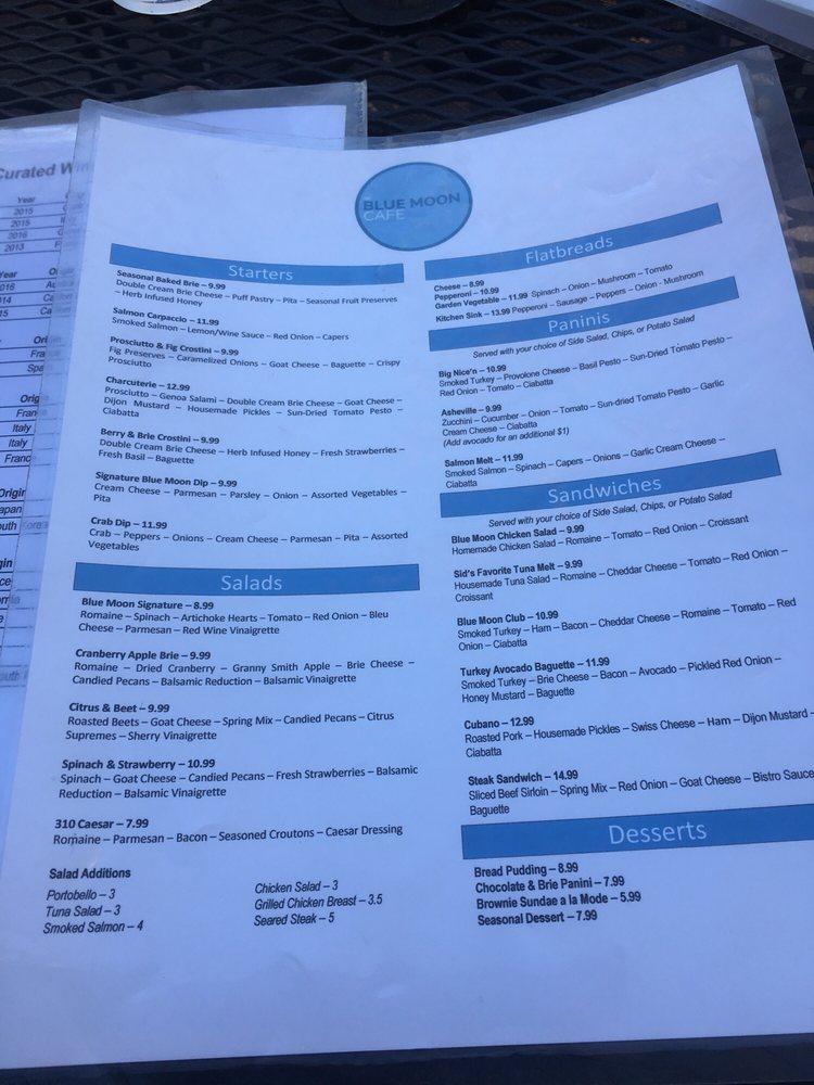 Menu at Blue Moon Cafe, Fayetteville