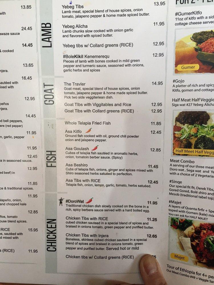 Menu at Bole Ethiopian Cuisine restaurant, Falcon Heights, Pascal St