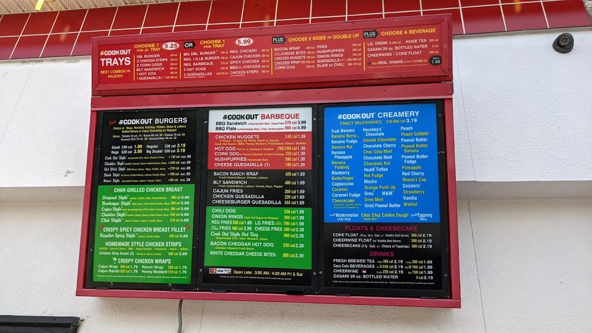 Menu at Cook Out fast food, Raleigh, Falls of Neuse Rd
