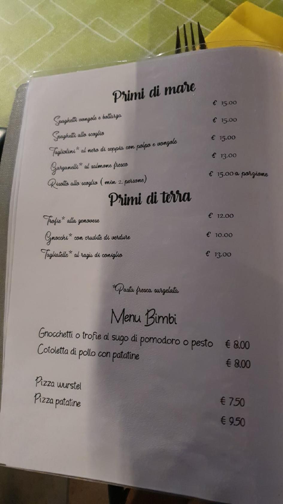 Menu at Il Grillo Parlante restaurant, Andora
