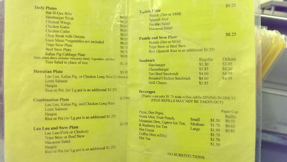 Menu at Jackie's Diner restaurant, Aiea