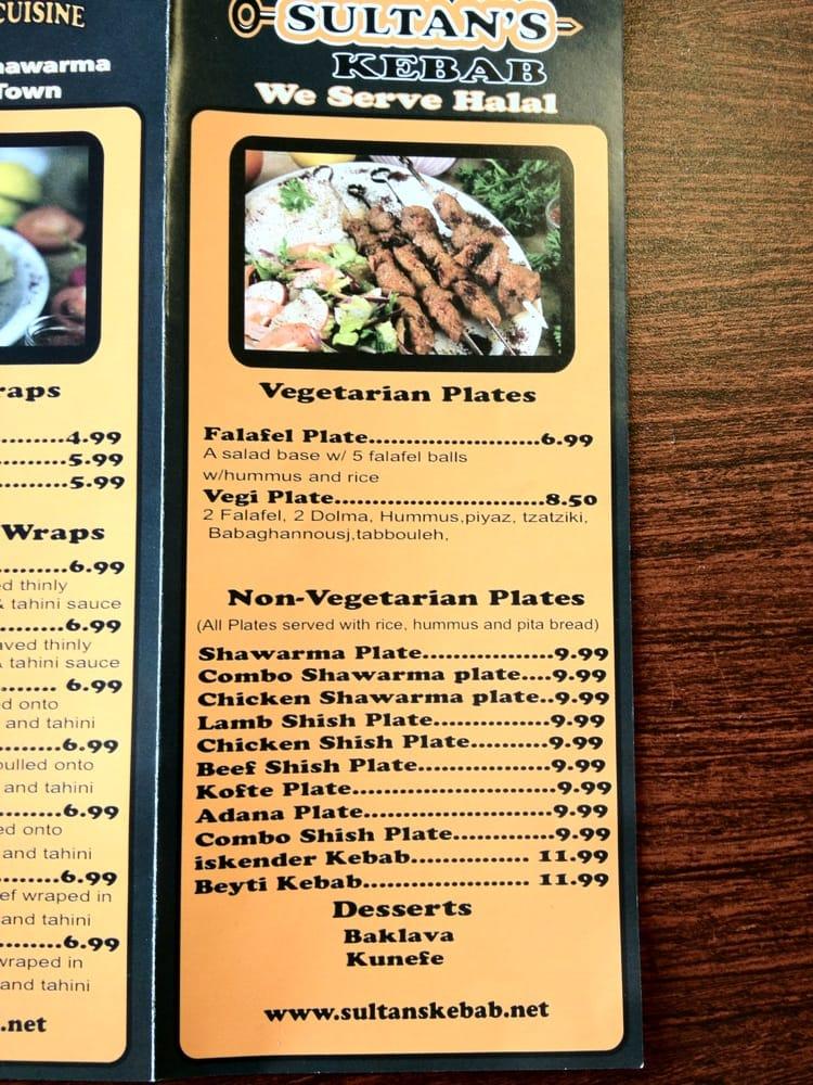 Menu at Sultan's Kebab restaurant, Pleasanton