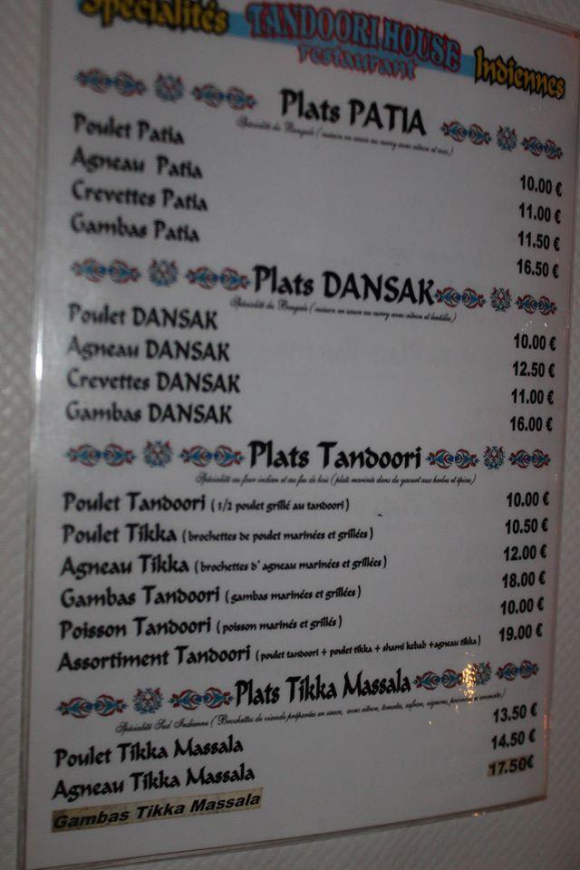 Menu at Tandoori House restaurant, Toulouse