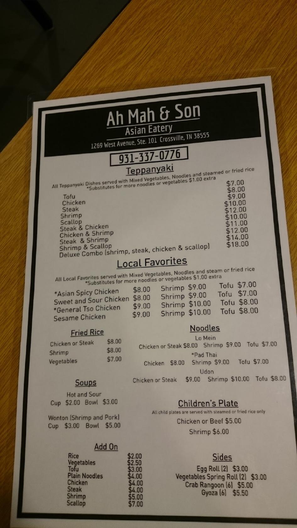 Menu at Ah Mah & Son Asian Eatery restaurant, Crossville