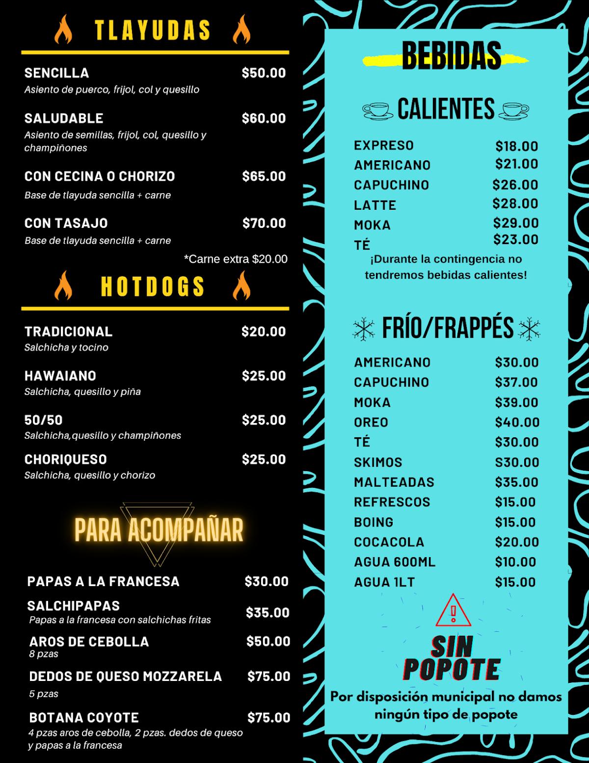 Carta de cafetería Coyote Grill Oaxaca, Huajuapan
