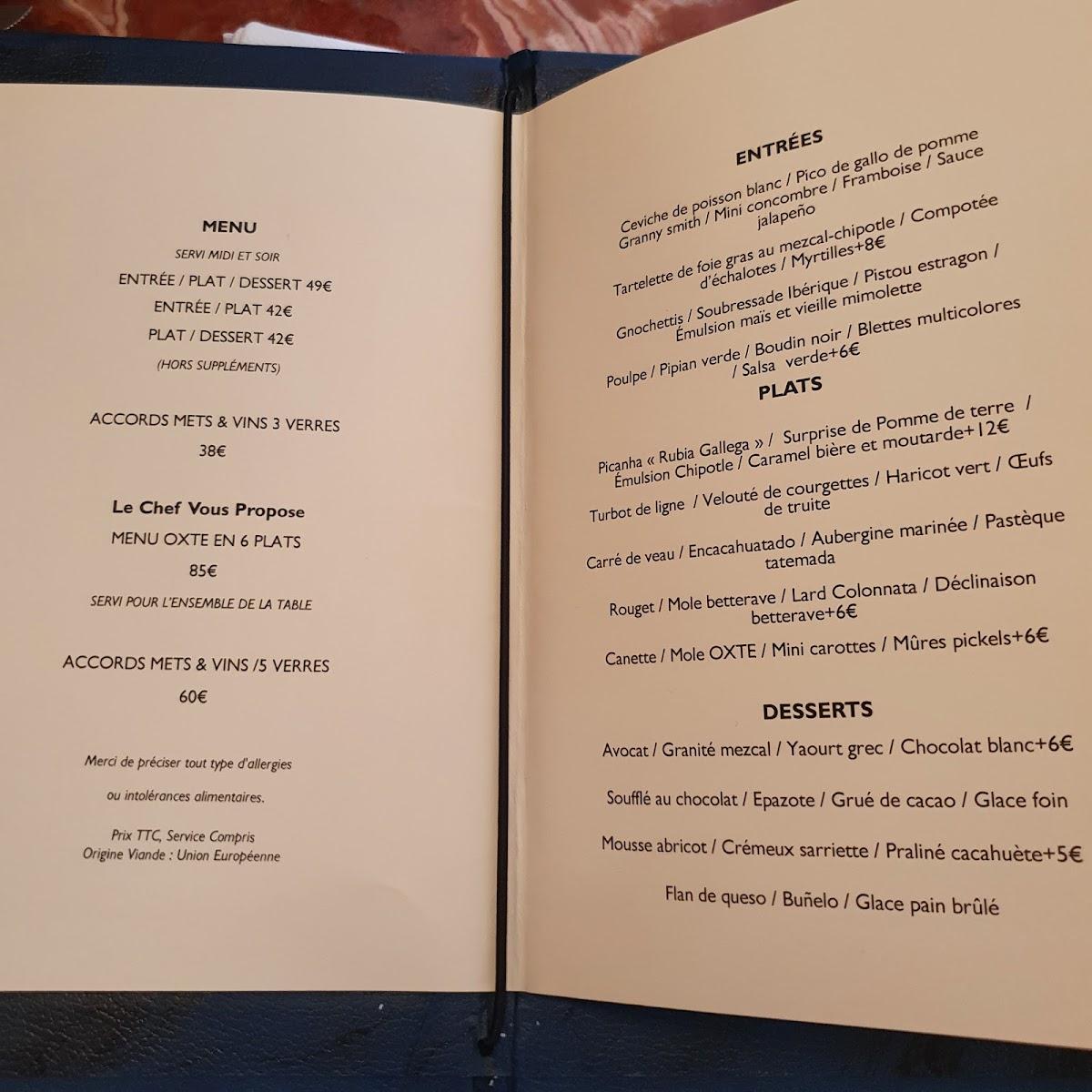 Menu at Restaurant Oxte, Paris