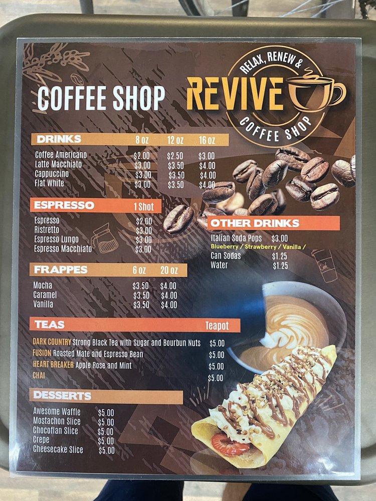 Carta del café Revive Coffee Shop, Eagle Pass
