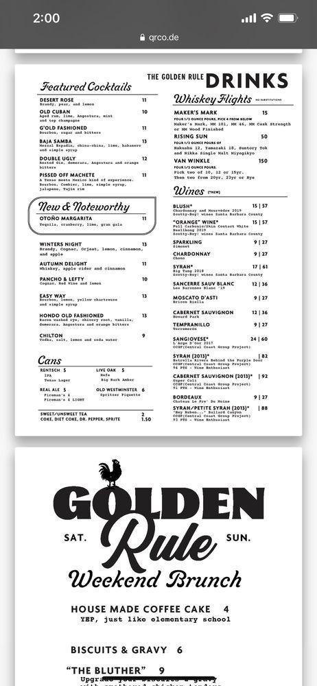 Menu at The Golden Rule pub & bar, Georgetown