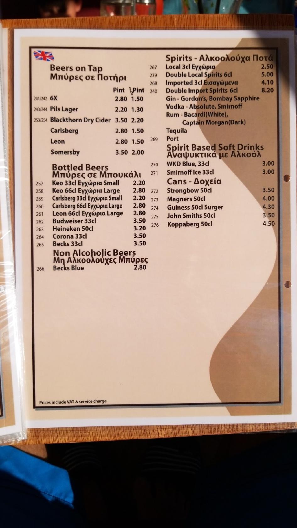 Menu at Tramps Bar, Paphos, 52