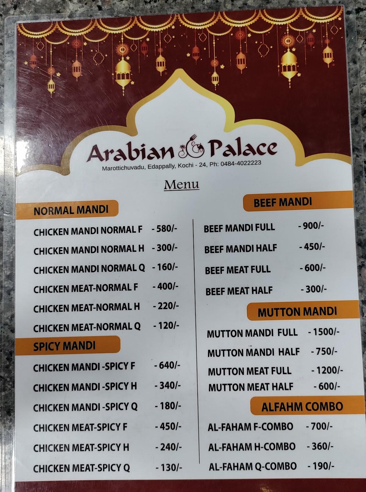 Menu at Arabian Palace Edappally, Kochi, Marottichodu