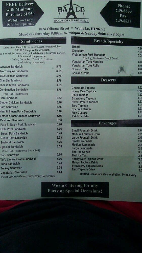 Menu at Ba-Le Sandwich Shop fast food, Wailuku