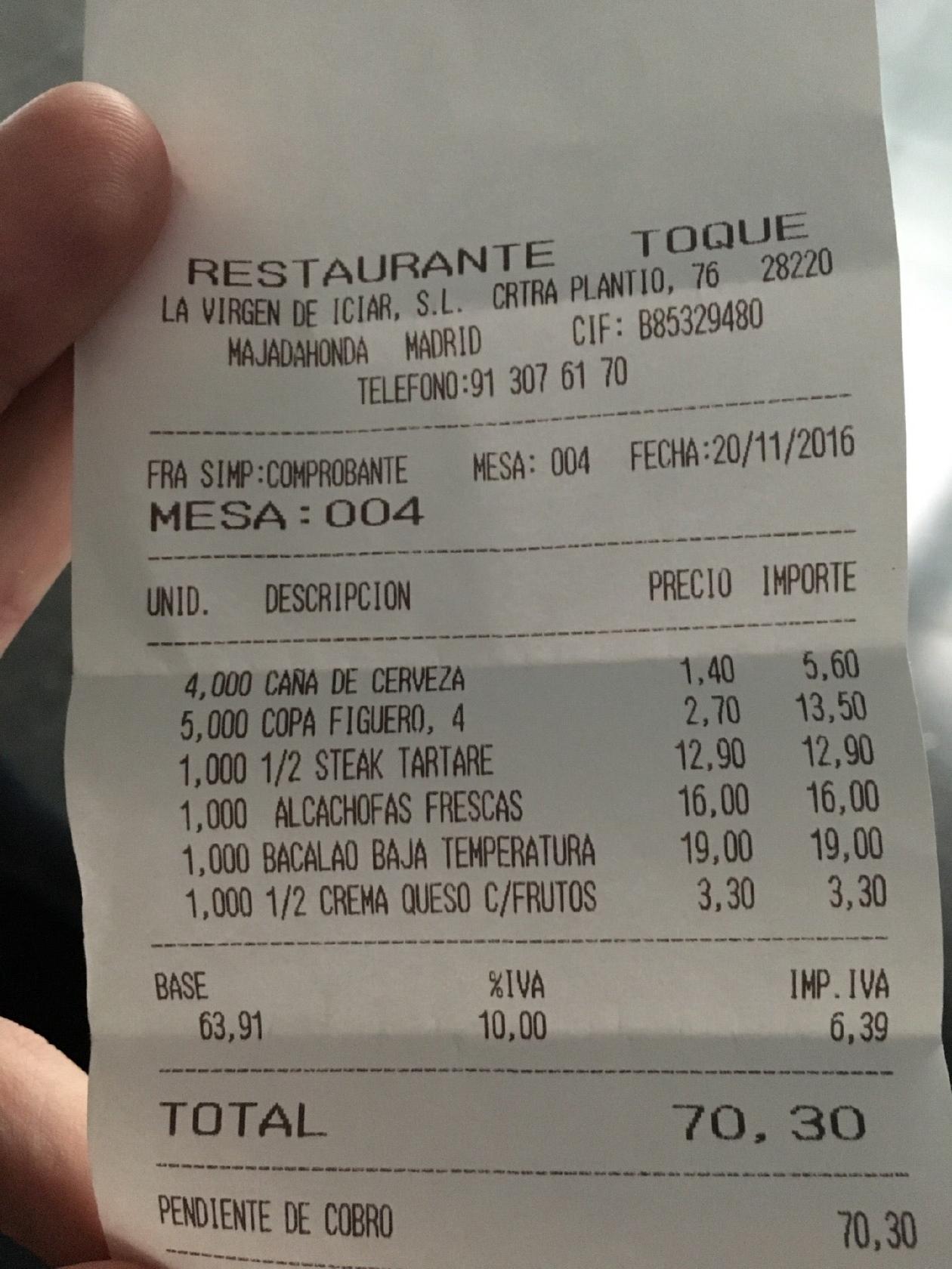 Carta de Toque Restaurante, Majadahonda